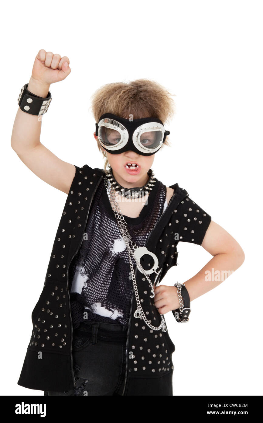 Portrait of enthusiastic punk boy wearing pilot goggles over white ...