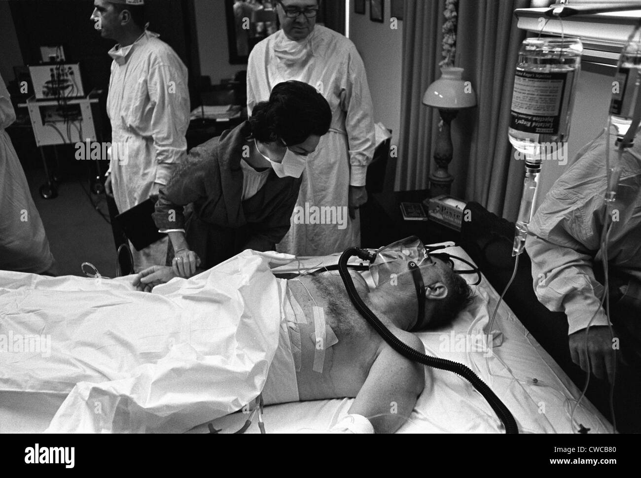 President Johnson after surgery. Lady Bird Johnson speaks with ...