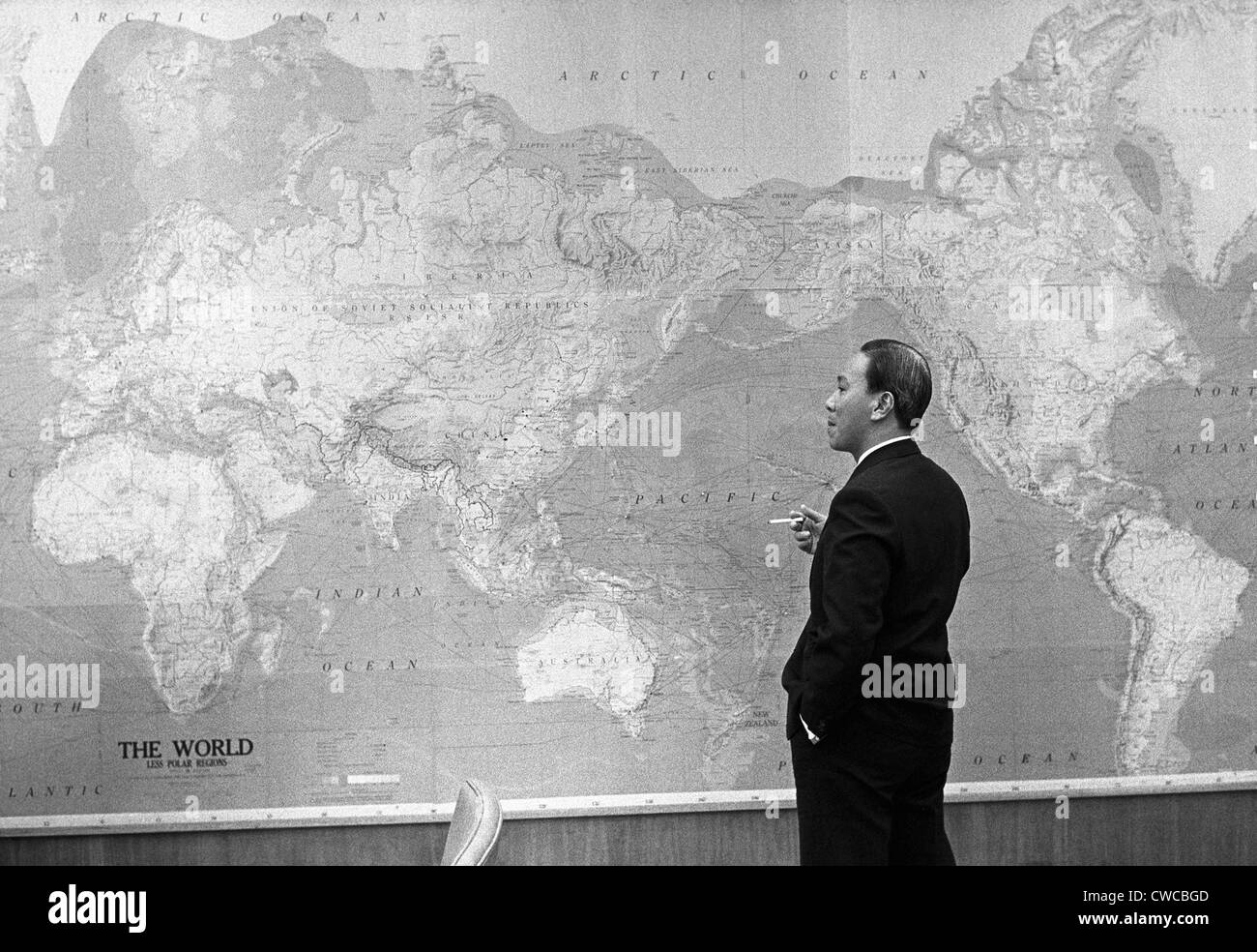 President Nguyen Van Thieu of South Vietnam standing in front of world ...