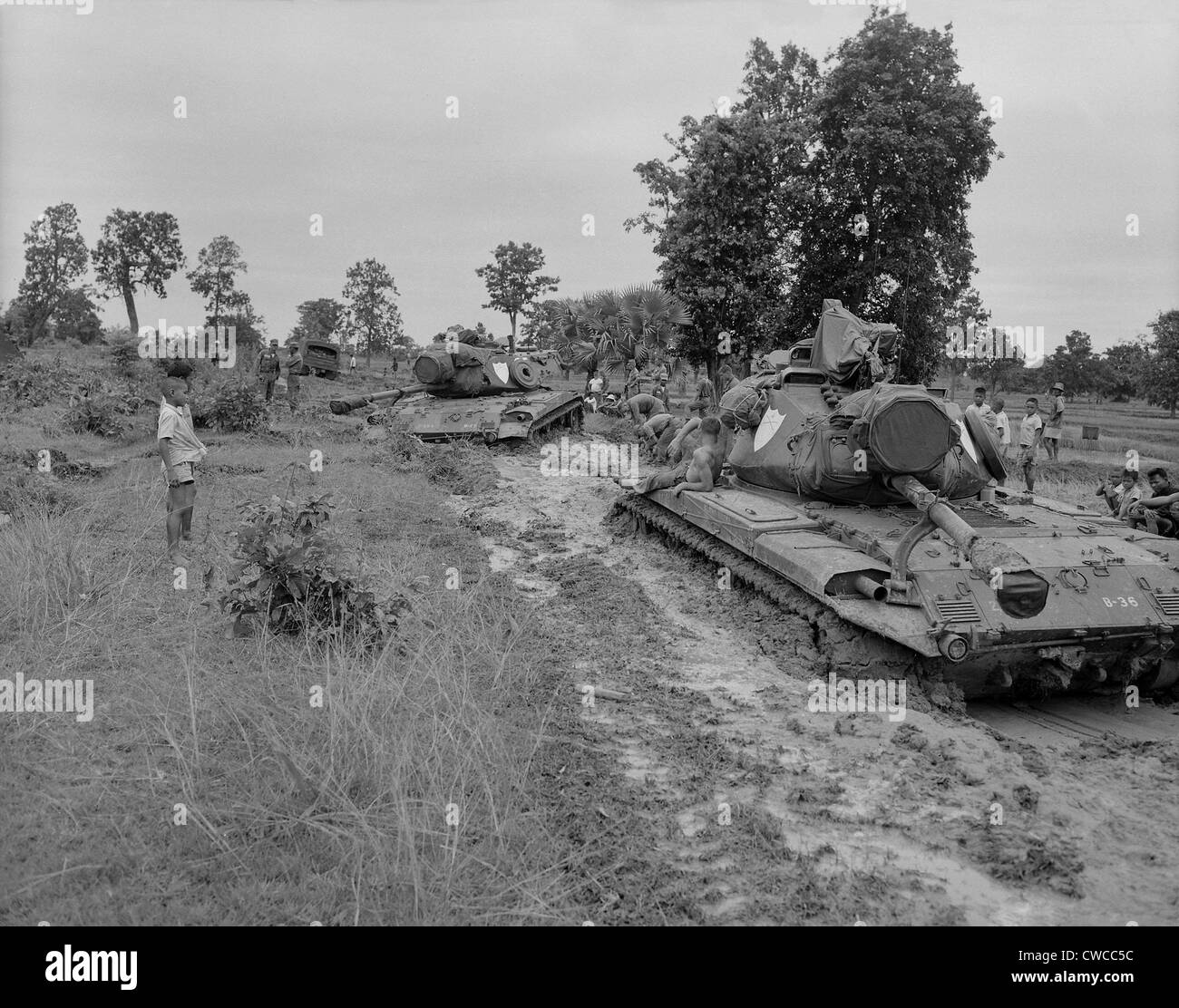 Vietnam War. Two US Marine tanks stuck in deep mud in northeastern ...