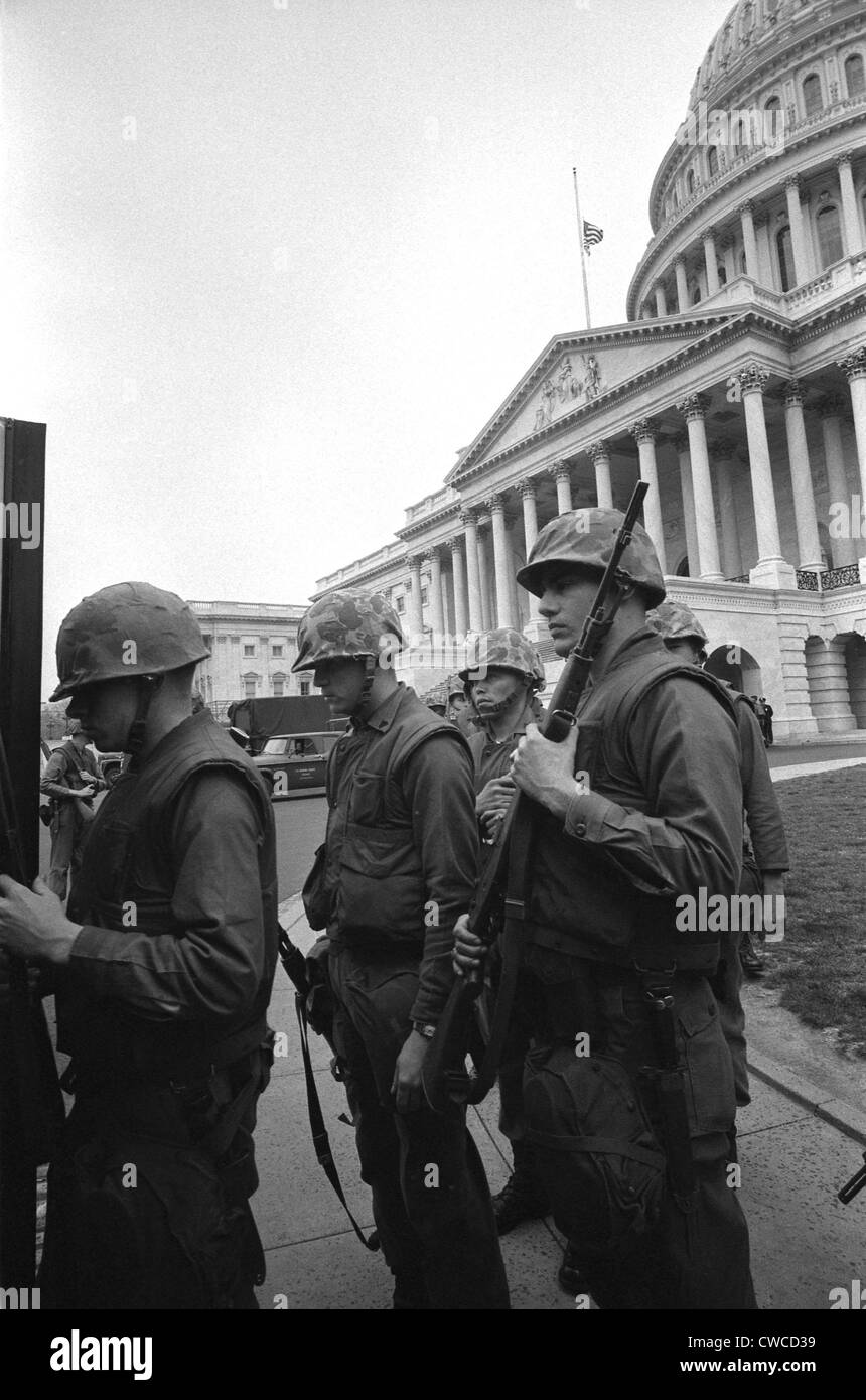 Soldiers stand guard near US Capitol, during 1968 riots following the ...
