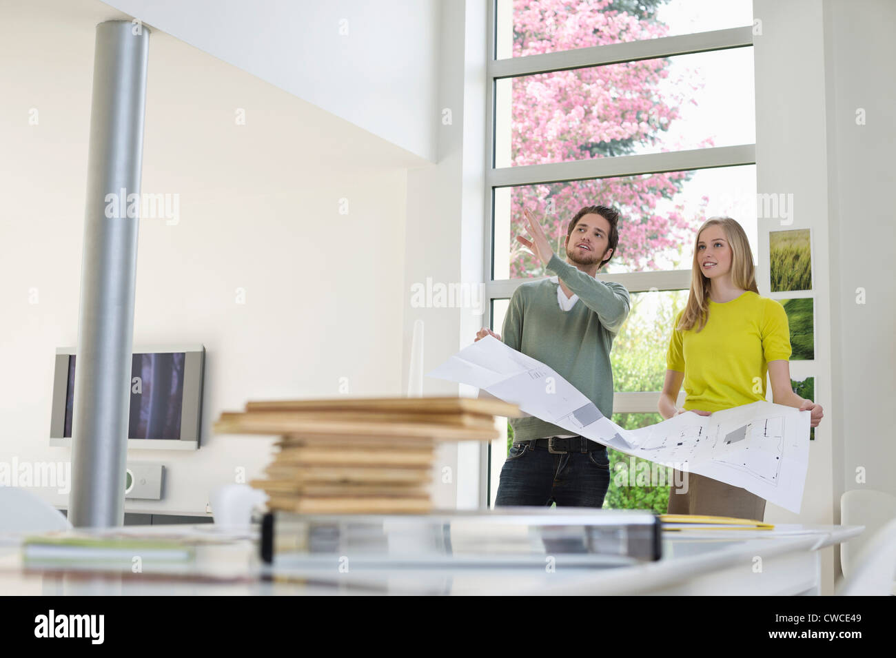 Interior designer discussing plan with a woman Stock Photo - Alamy