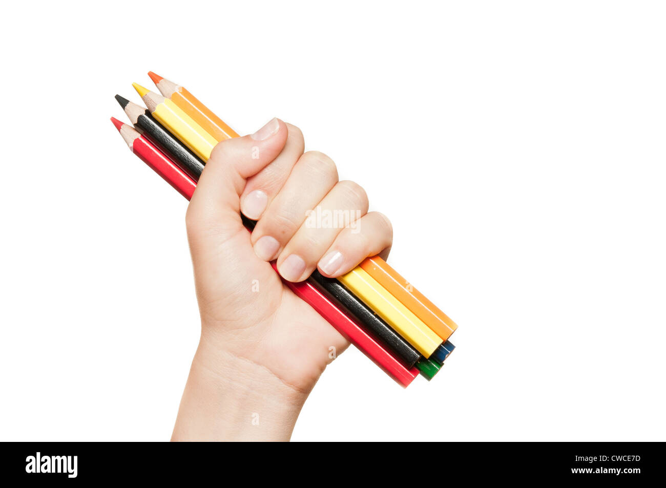 Colorful pencils in hand over a white background Stock Photo - Alamy