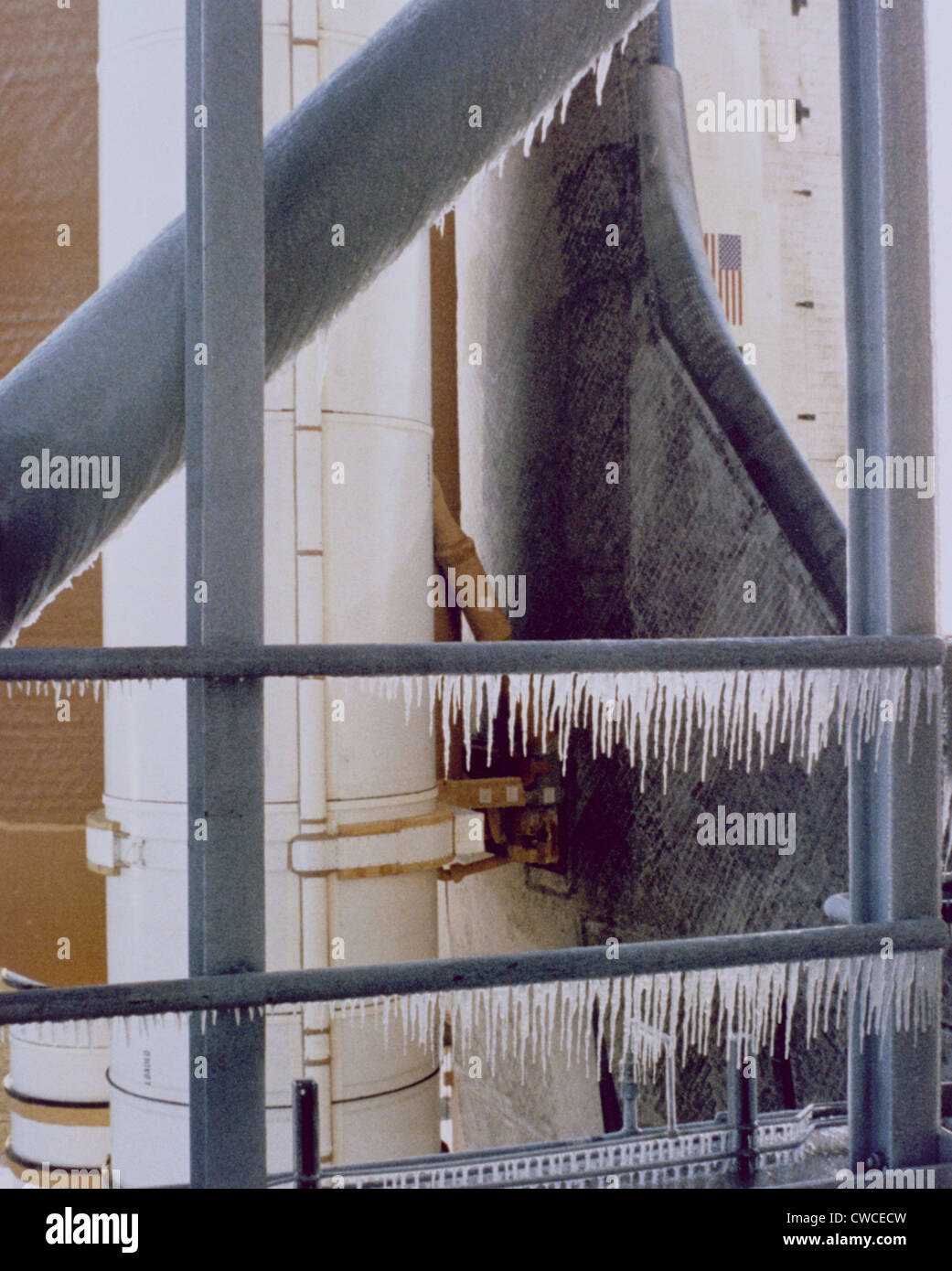 Space shuttle Challenger disaster. Icicles at the launch in the early ...
