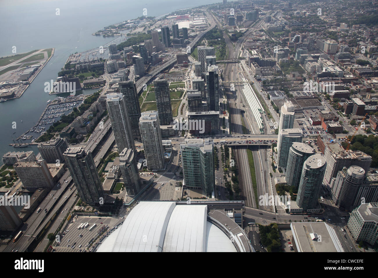 Aerial view of Toronto, Canada with part of the Rogers Centre , lake ...