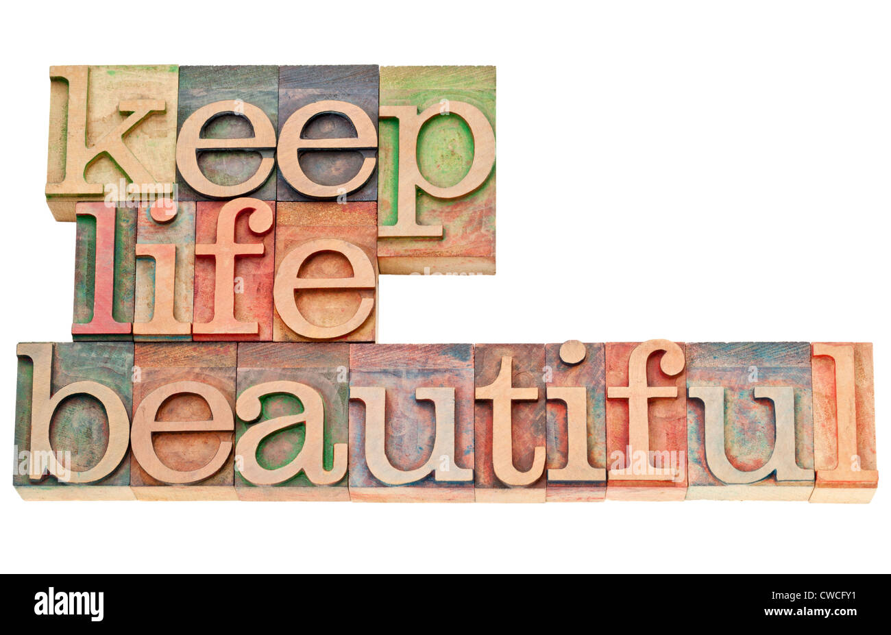 keep life beautiful - isolated text in vintage letterpress wood type ...