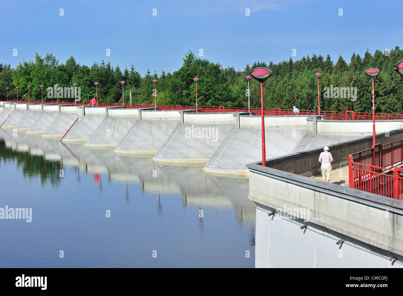 Tourists visiting Lake Bütgenbach, artificial lake created by the ...