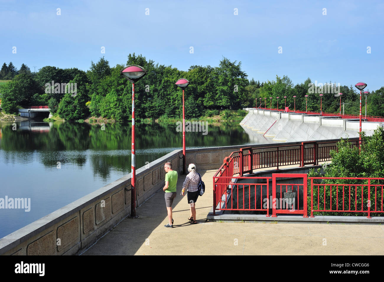 Tourists visiting Lake Bütgenbach, artificial lake created by the ...