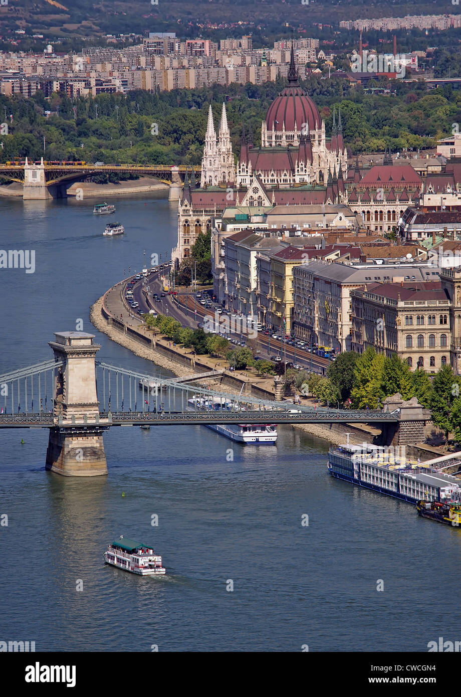 Budapest, view of Parliament, river Danube and Chain Bridge Stock Photo ...