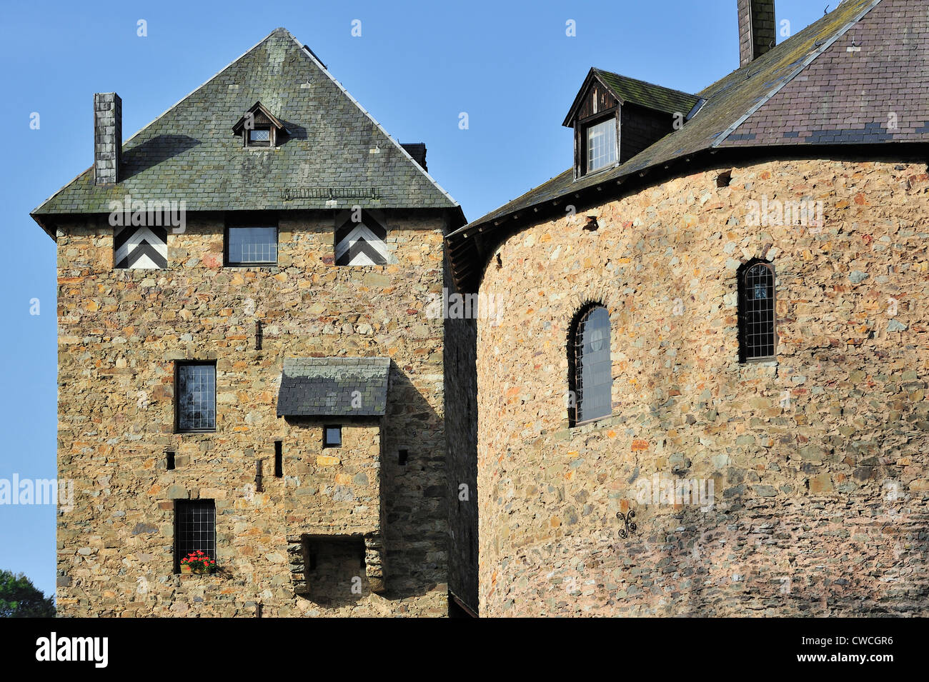 The medieval Reinhardstein Castle at Robertville, Liège in the Belgian ...