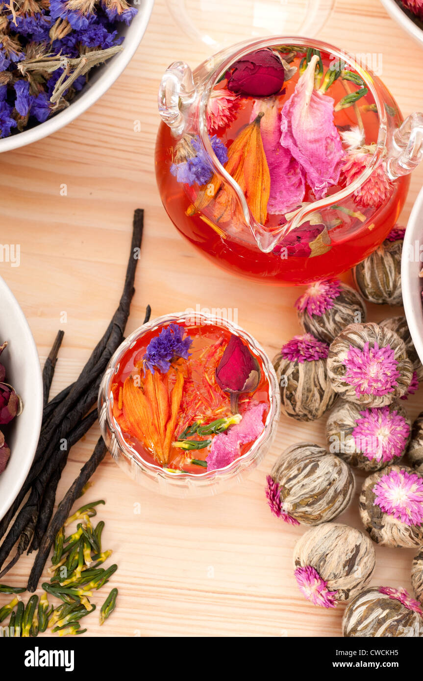 Herbal natural floral tea infusion with dry flowers ingredients Stock ...