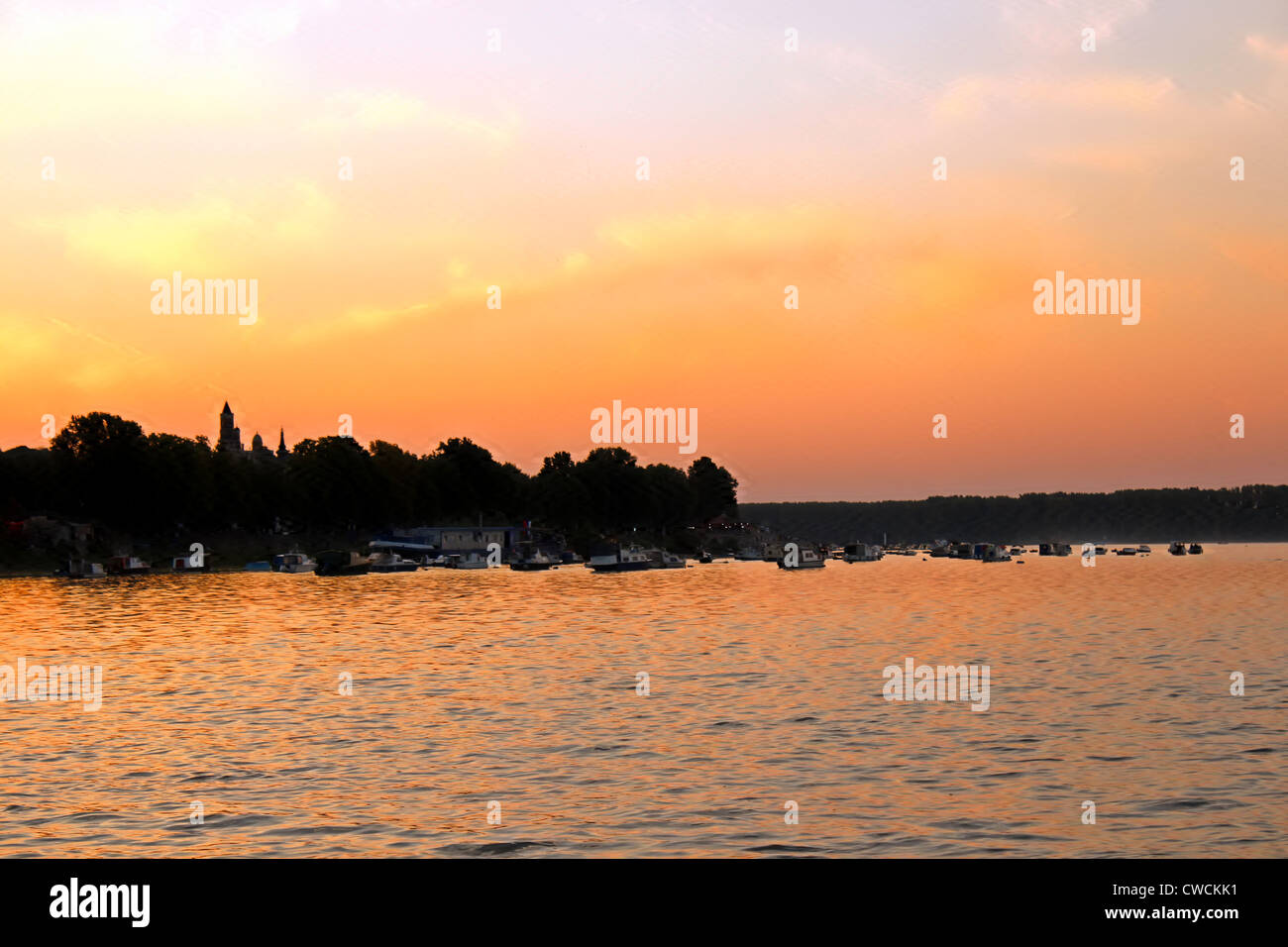 sunset, sun, shadow, water, river, town, house, building, boat, ship ...