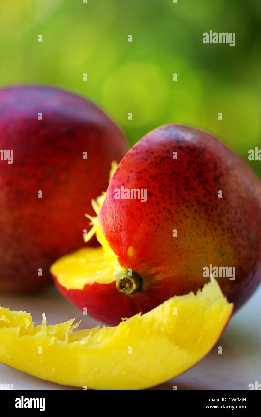 mangoes fruits isolated on green background Stock Photo - Alamy
