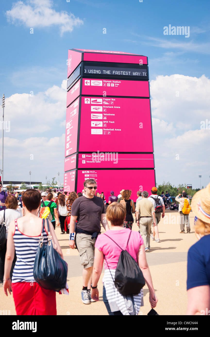 London 2012 Stratford Olympic Park giant signpost sign post bright pink ...