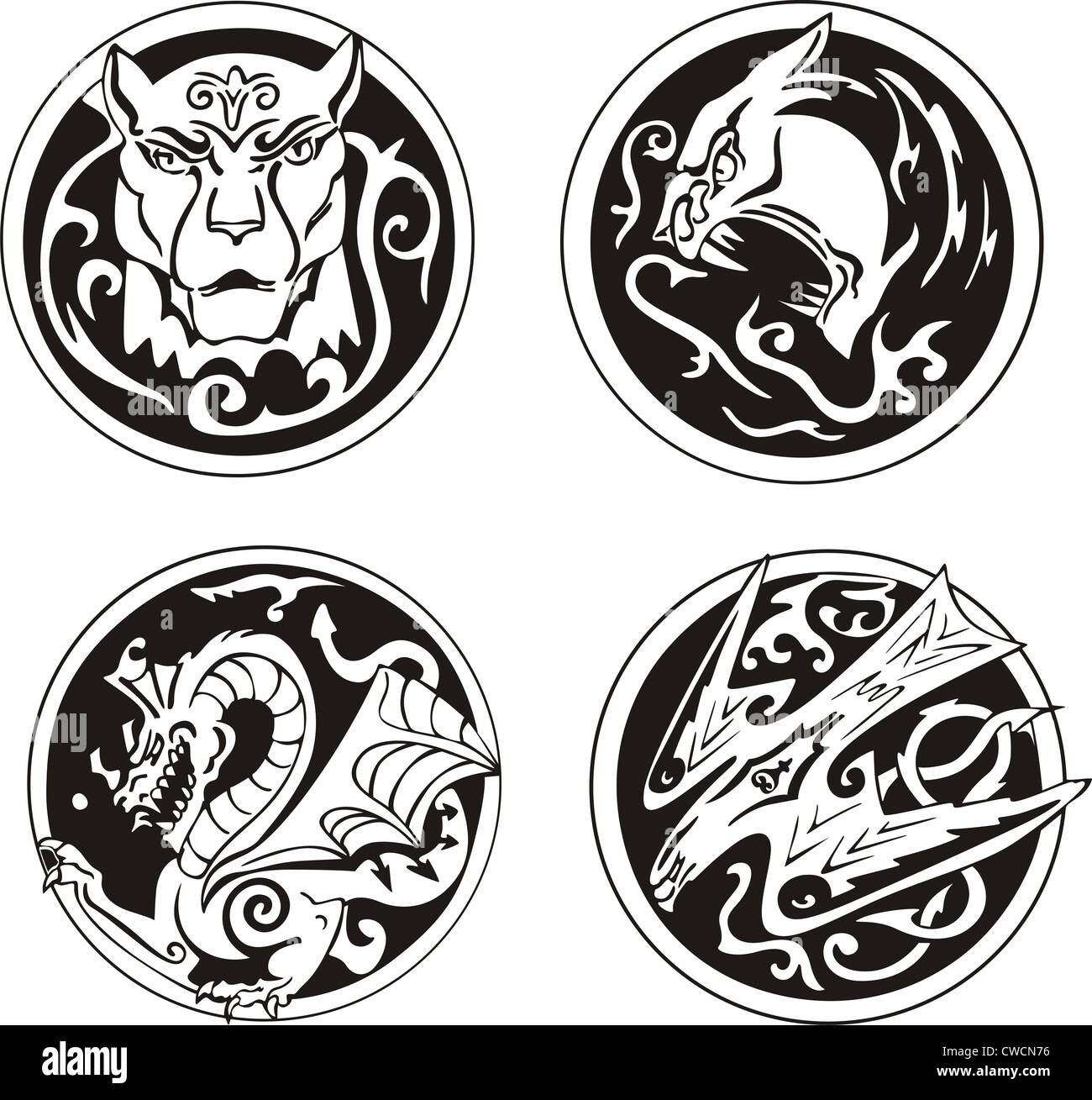 Stylized round animal designs. Set of black and white vector ...