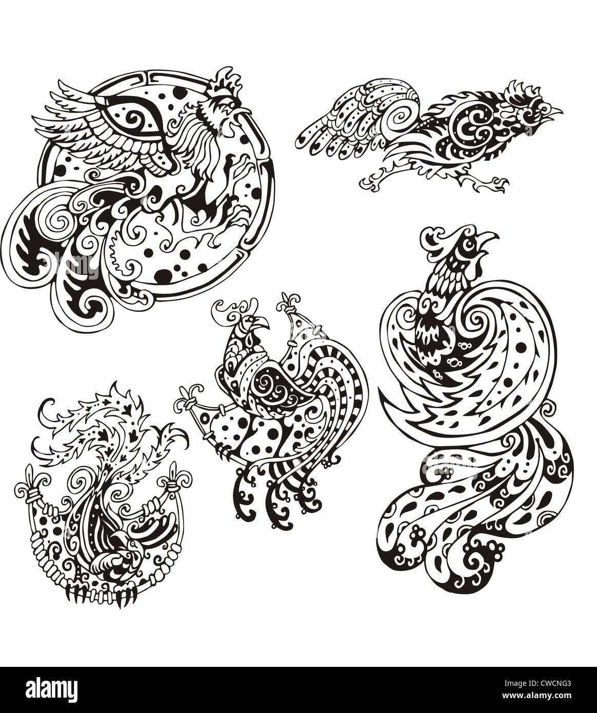 Stylized roosters. Set of black and white vector illustrations Stock ... Stylized roosters. Set of black and white vector illustrations Stock ...