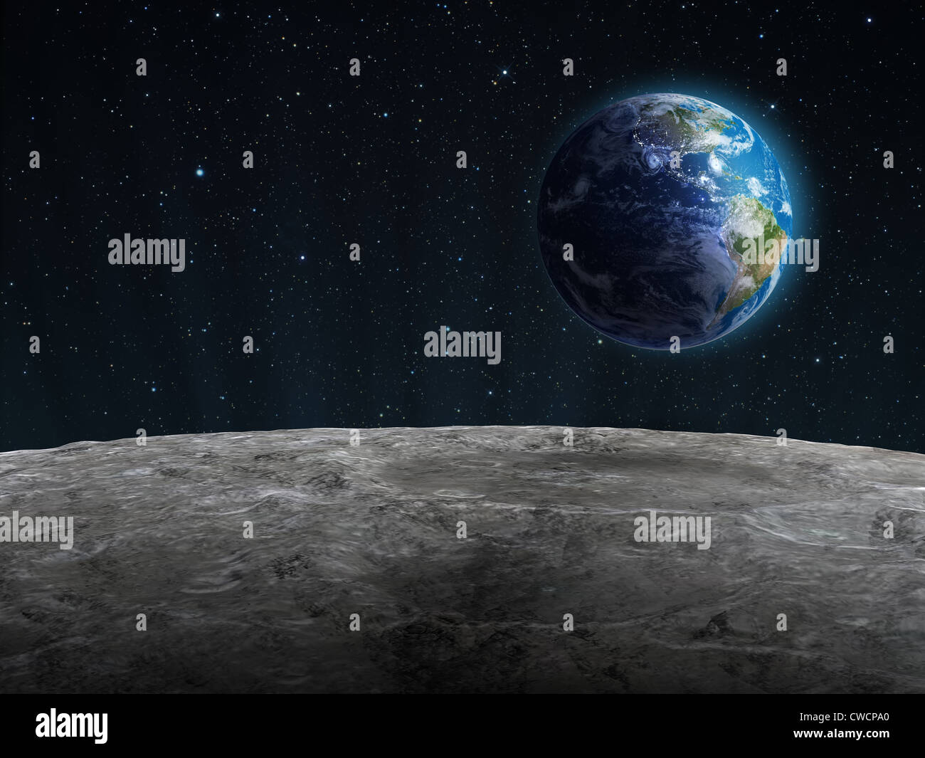 View of the rising Earth seen from the Moon's surface Stock Photo - Alamy