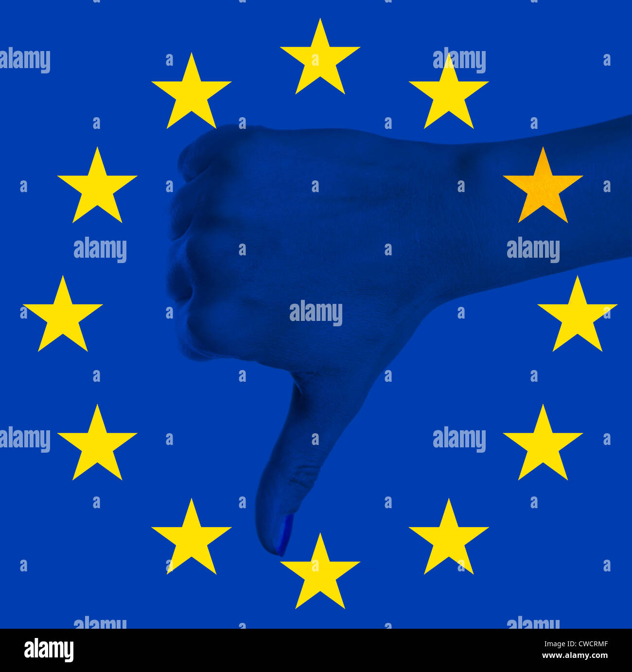 European Union flag and hand with negative gesture, thumb down Stock ...