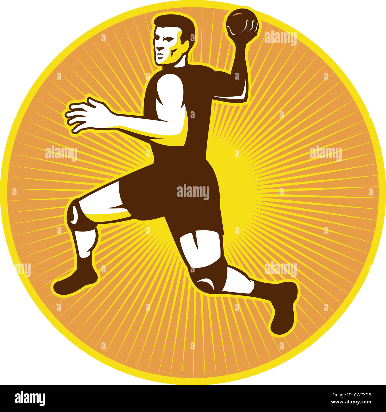 Retro style illustration of a handball player jumping throwing ball set ...