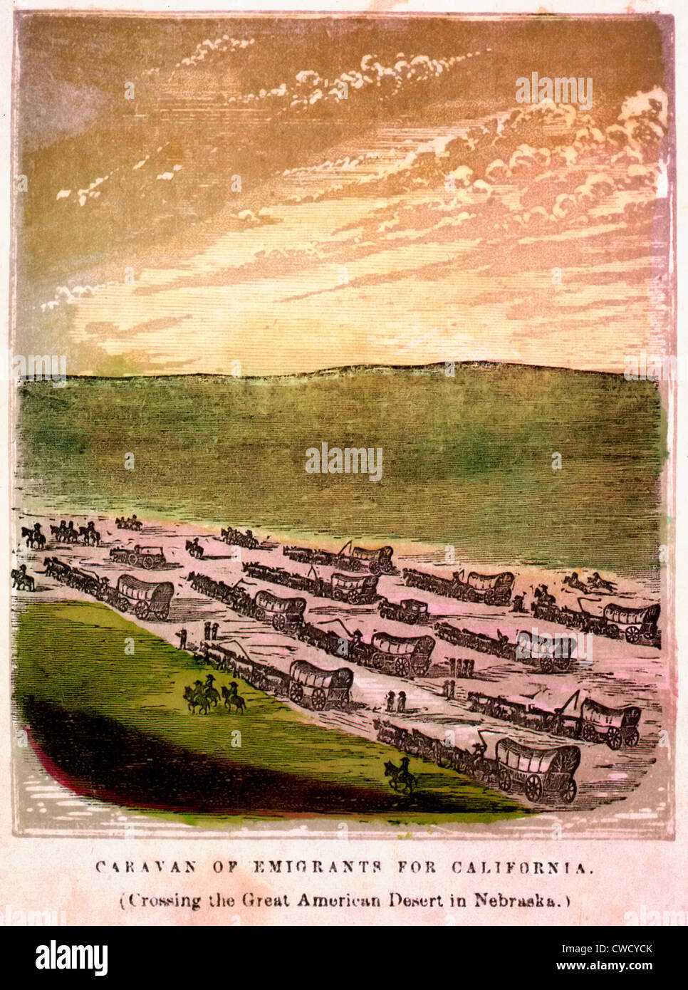 Caravan of emigrants for California (Crossing the great American desert ...