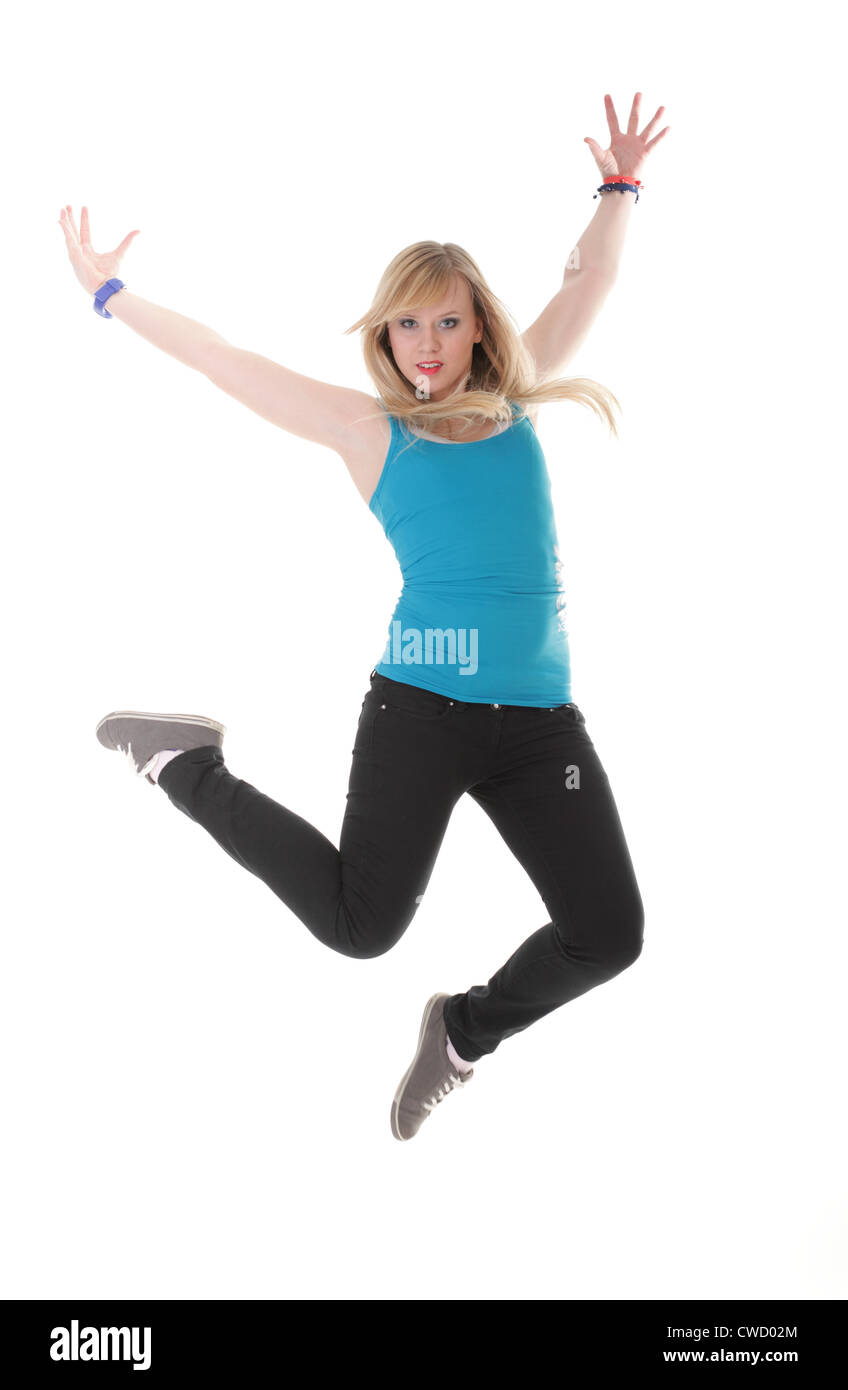 Happy woman jumping with arms up in full length isolated on white ...