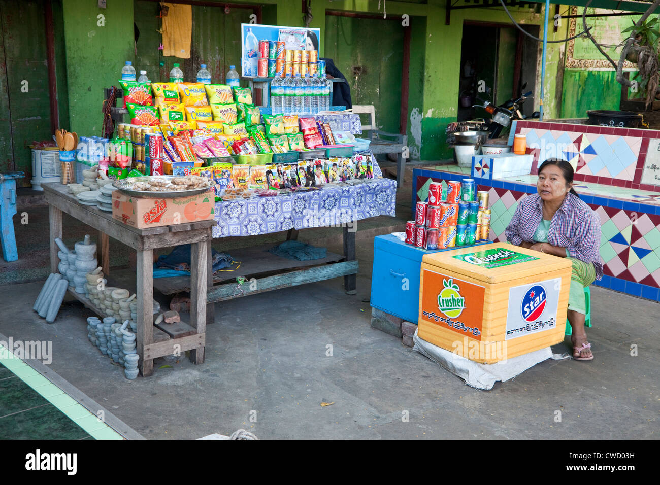 Myanmar, Burma. Refreshment Stand adjacent to Buddhist Temple, Sagaing ...