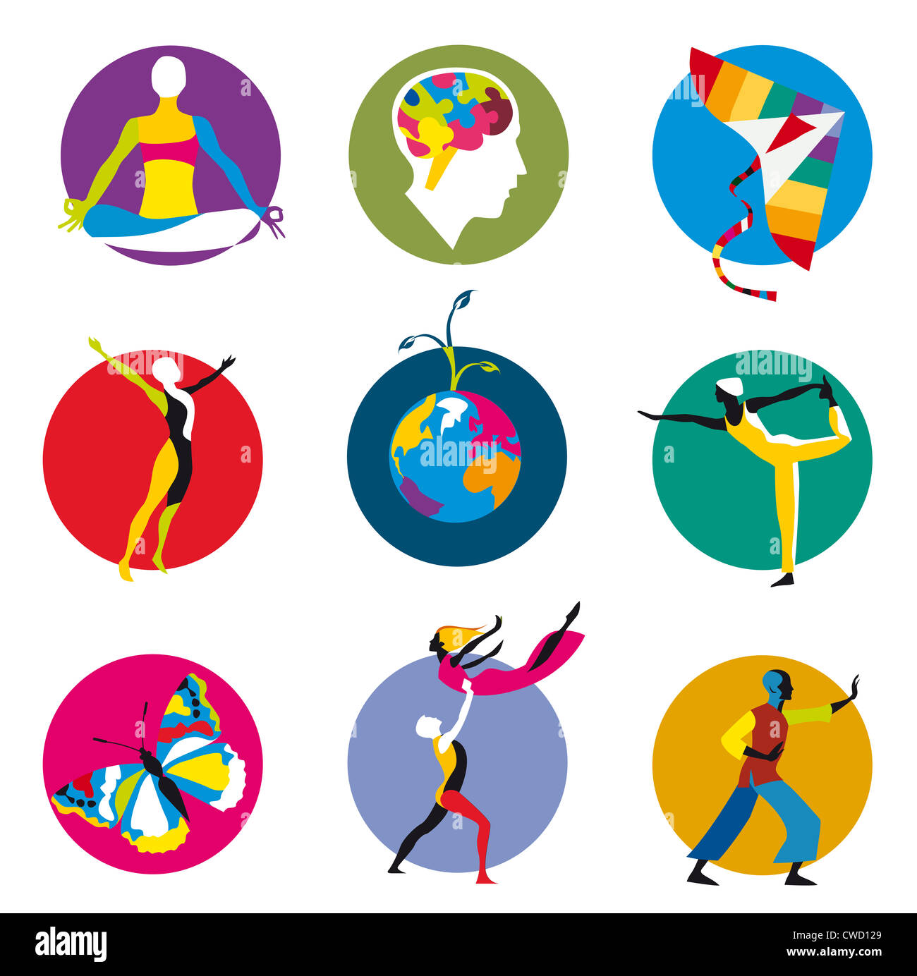 Vector icons for human development activities inside colored circles ...