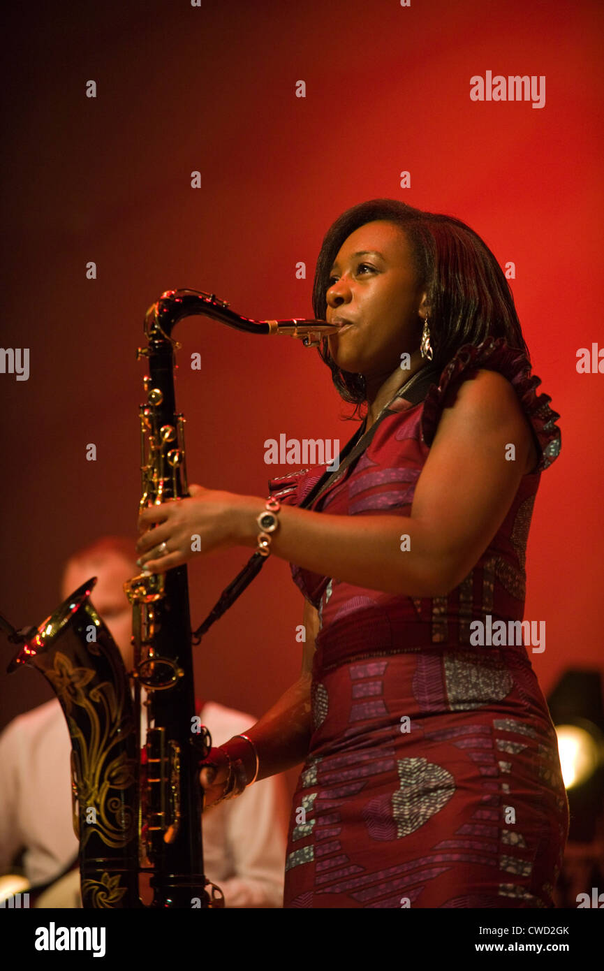 YolanDa Brown saxophonist playing with her quartet on stage at Brecon ...