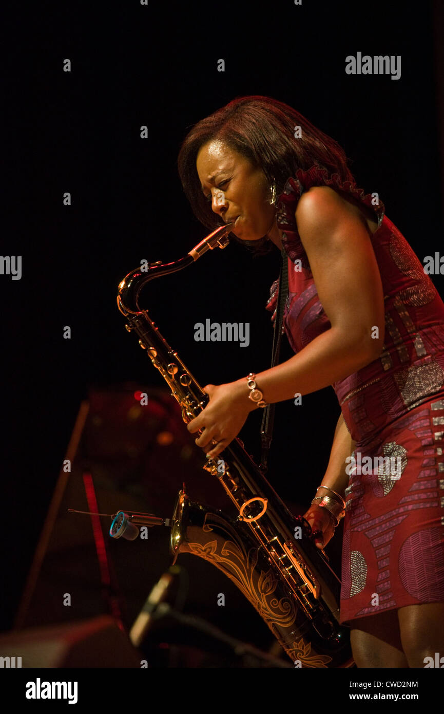 YolanDa Brown saxophonist playing with her quartet on stage at Brecon ...
