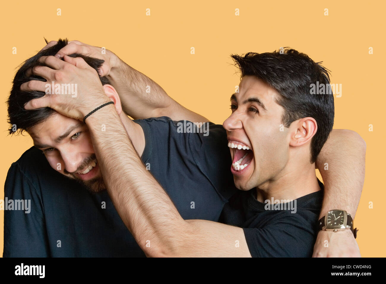 Young male friends playfighting over colored background Stock Photo - Alamy