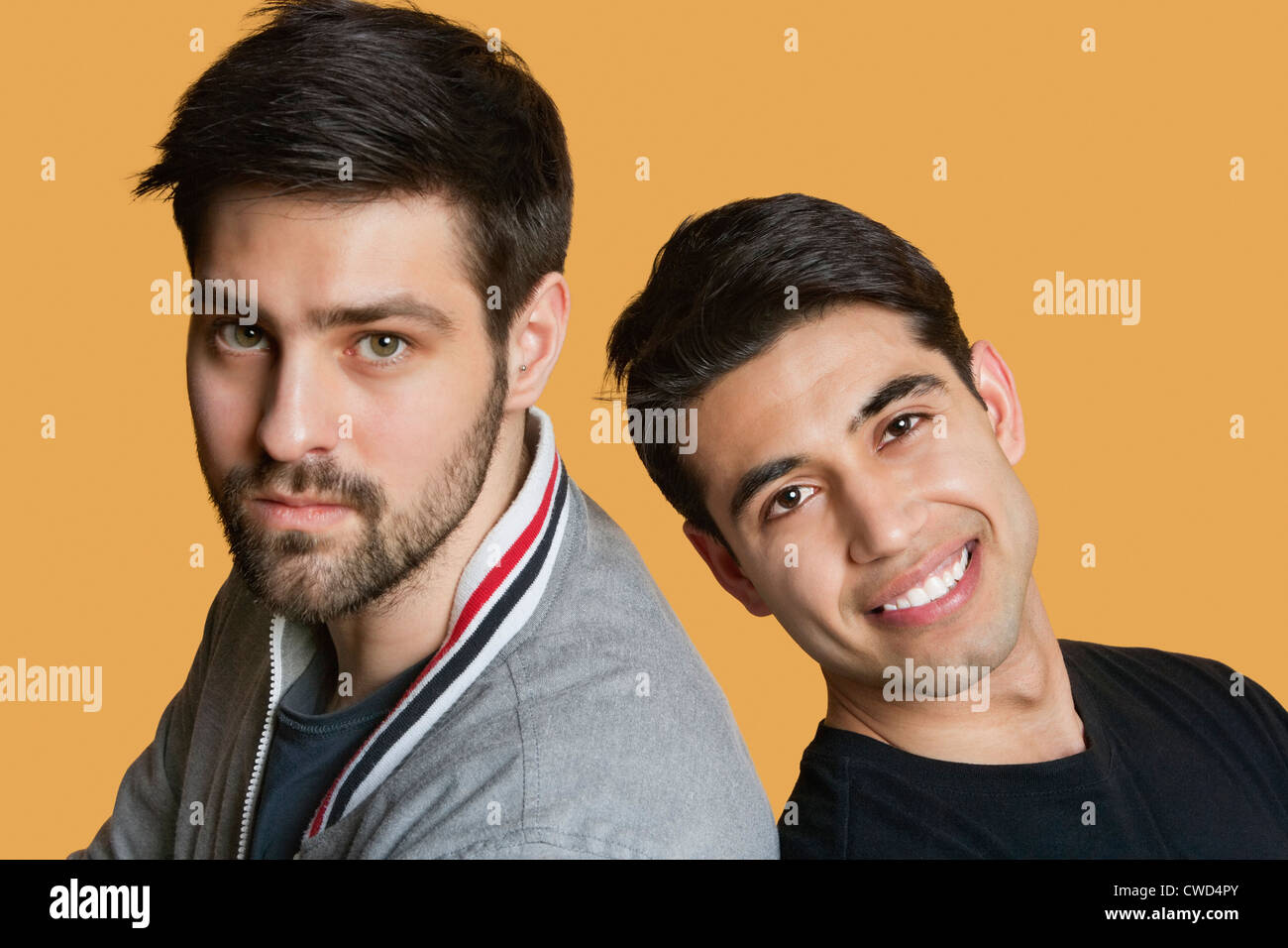 Portrait of a young male friends back to back over colored background ...