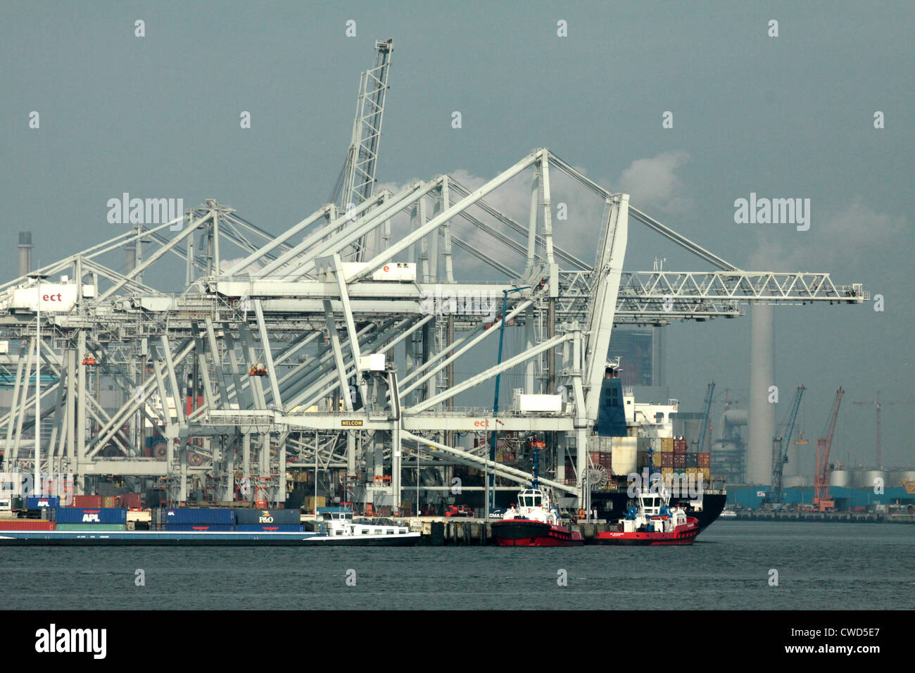 Container cranes at ECT Europoort Container Terminal, Rotterdam. Ships ...
