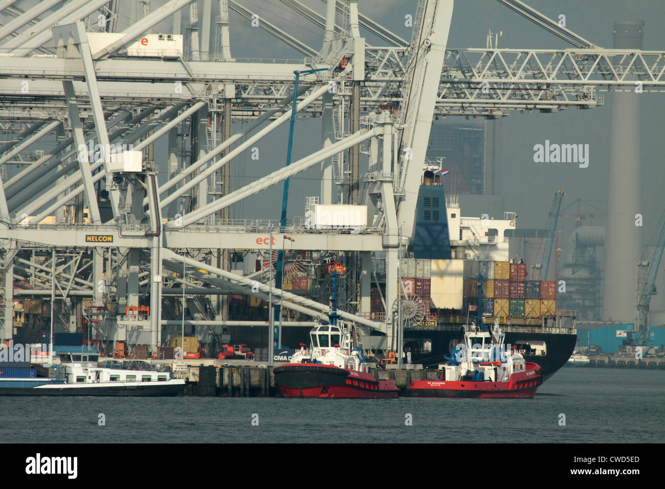 Container cranes at ECT Europoort Container Terminal, Rotterdam. Ships ...