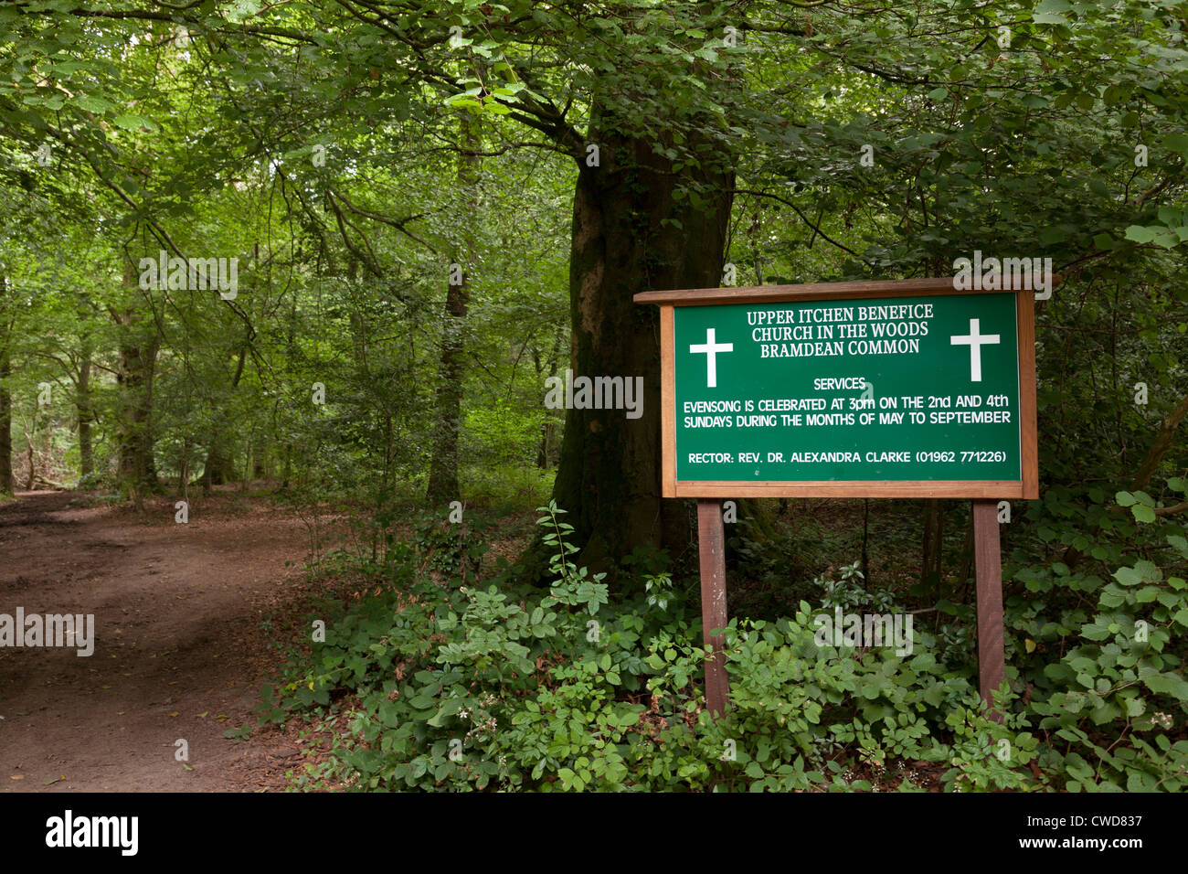 entrance sign into the forest for the "church in the Woods" at Bramdean ...