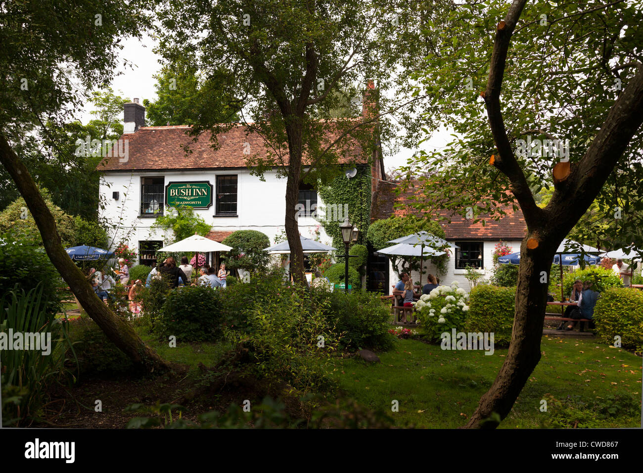 customers enjoying the garden of the Bush Inn country pub at Ovington ...