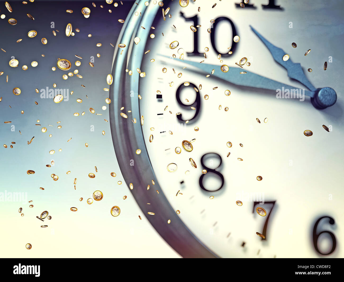 classic clock and euro coin rain background Stock Photo - Alamy