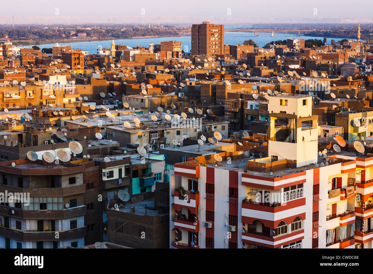 Overview of Asyut downtown with apartment buildings and Nile in ...