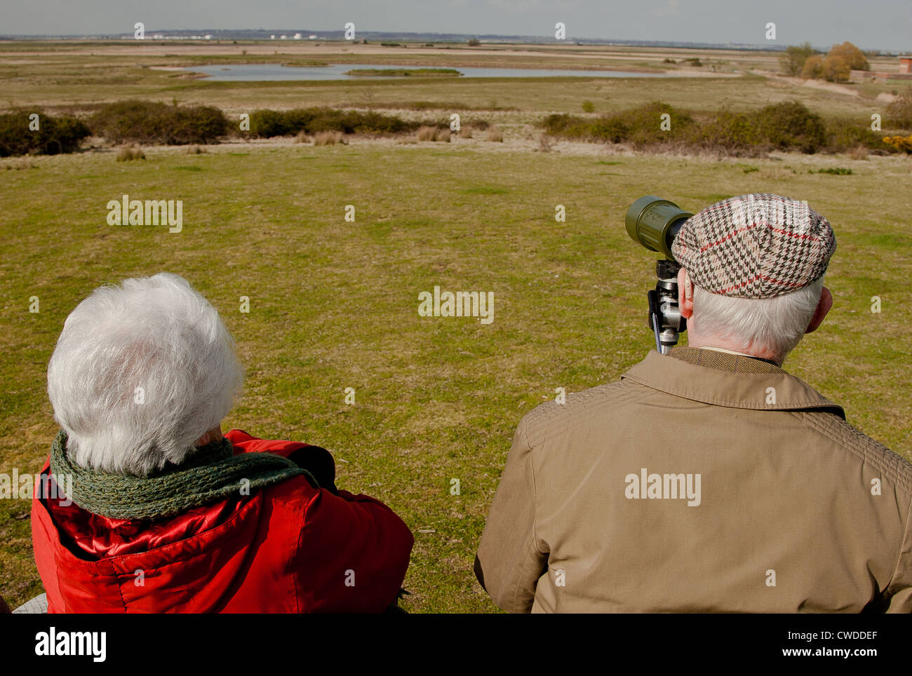 An elderly man and woman use a telescope and binoculars to watch birds ...
