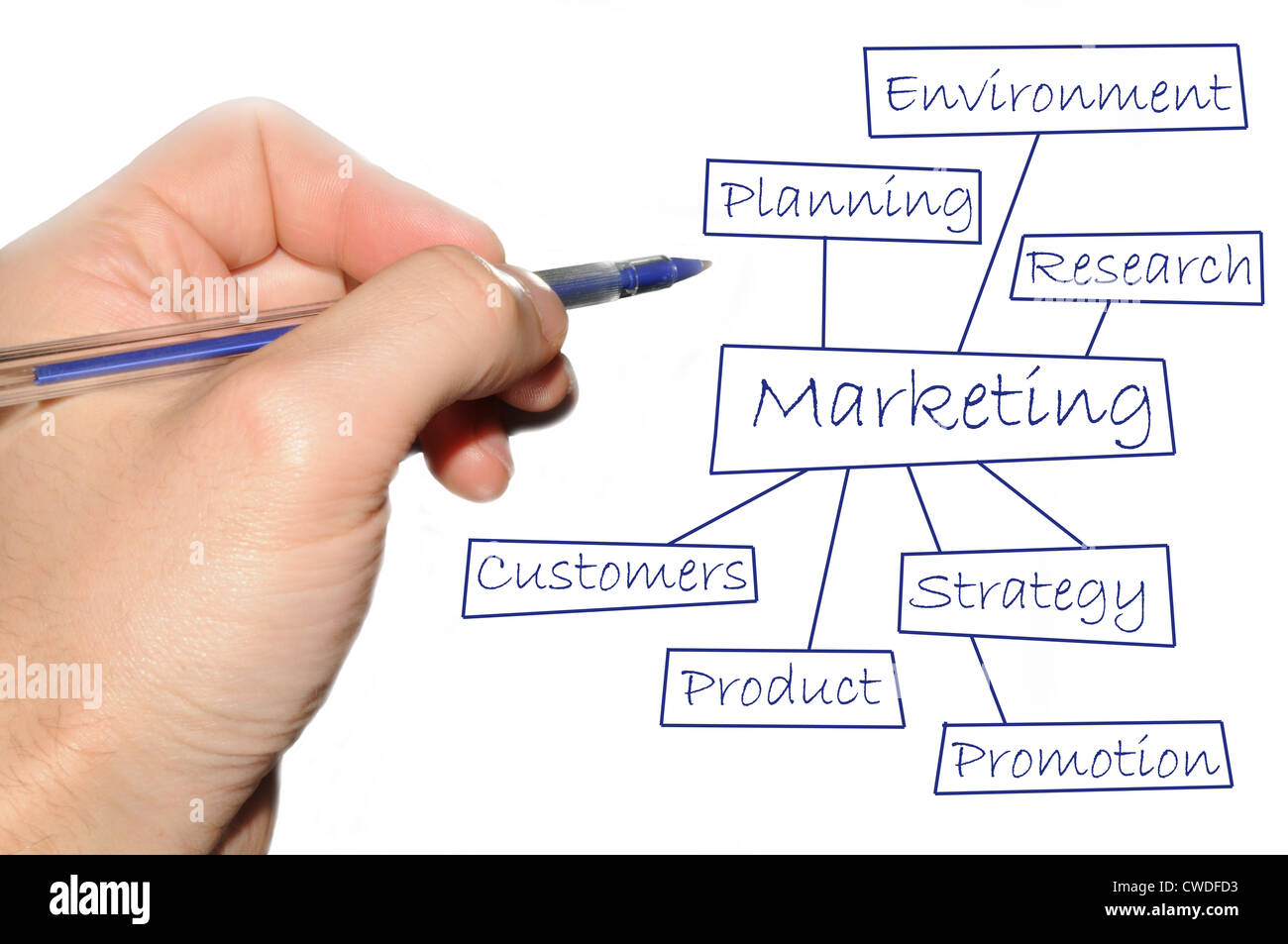 Hand and pen drawing marketing diagram on white background Stock Photo ...