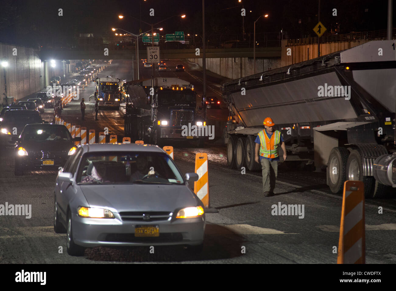 Night road work traffic in Brooklyn NY Stock Photo - Alamy