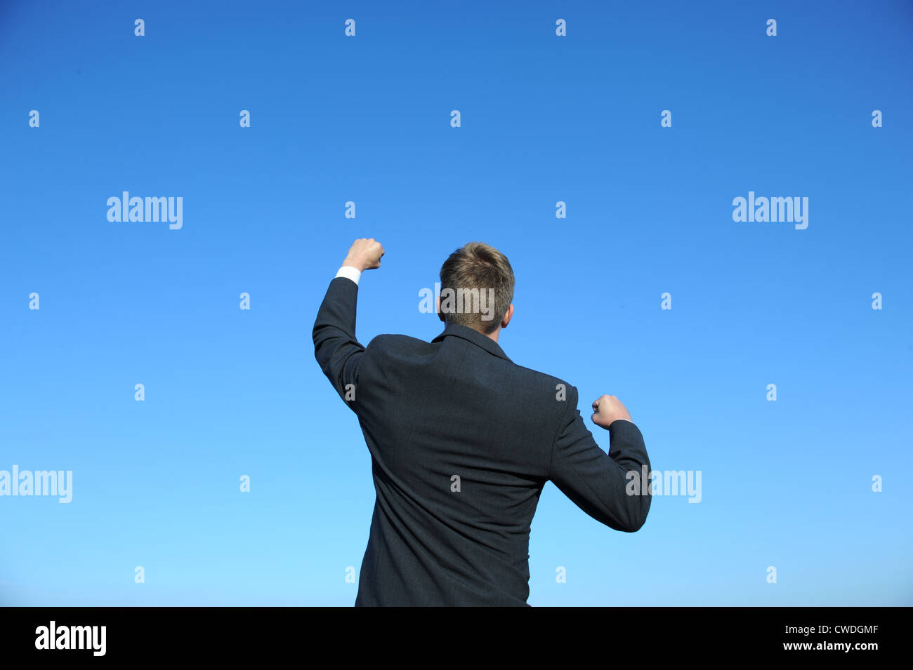 Businessman in front of a blue sky celebrating success. Above space for ...