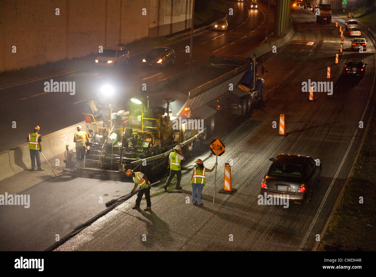 Night road work traffic in Brooklyn NY Stock Photo - Alamy