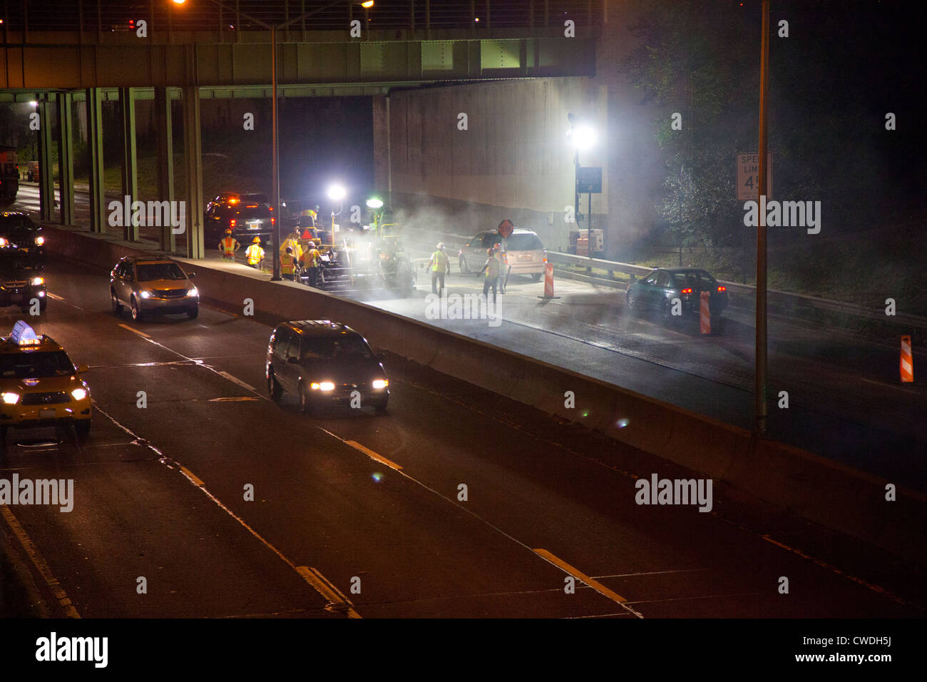 Night road work traffic in Brooklyn NY Stock Photo - Alamy
