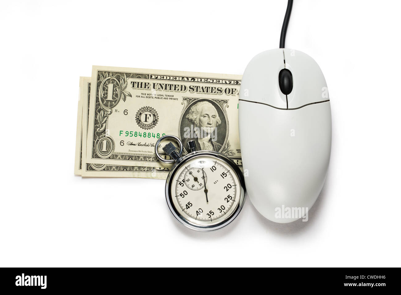 Computer mouse with dollar banknotes and stopwatch Stock Photo - Alamy