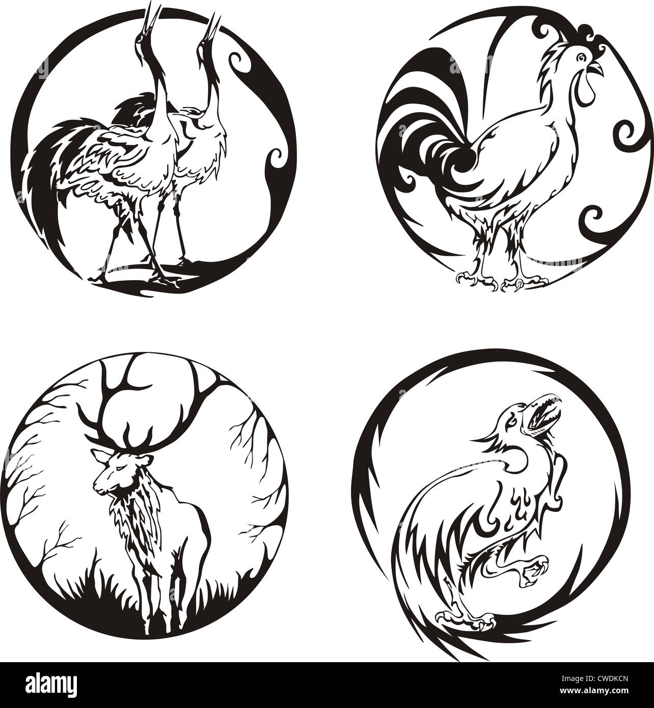 Round designs with birds and animals. Set of color vector illustrations ...