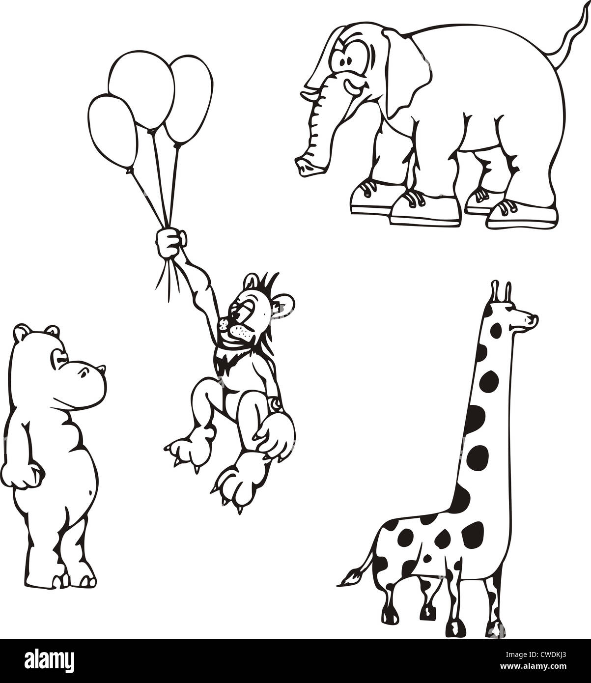 African Animal Cartoon Characters. Set of black and white vector ...