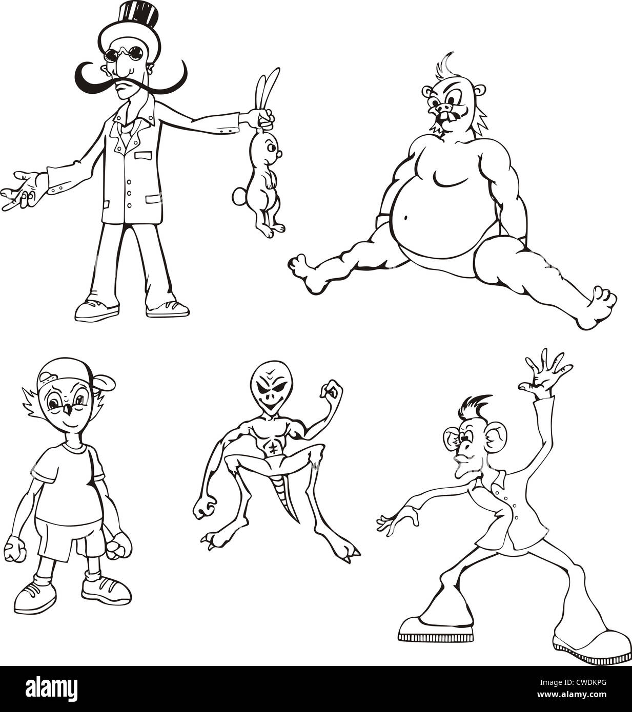 Miscellaneous Cartoon Characters. Set of black and white vector ...