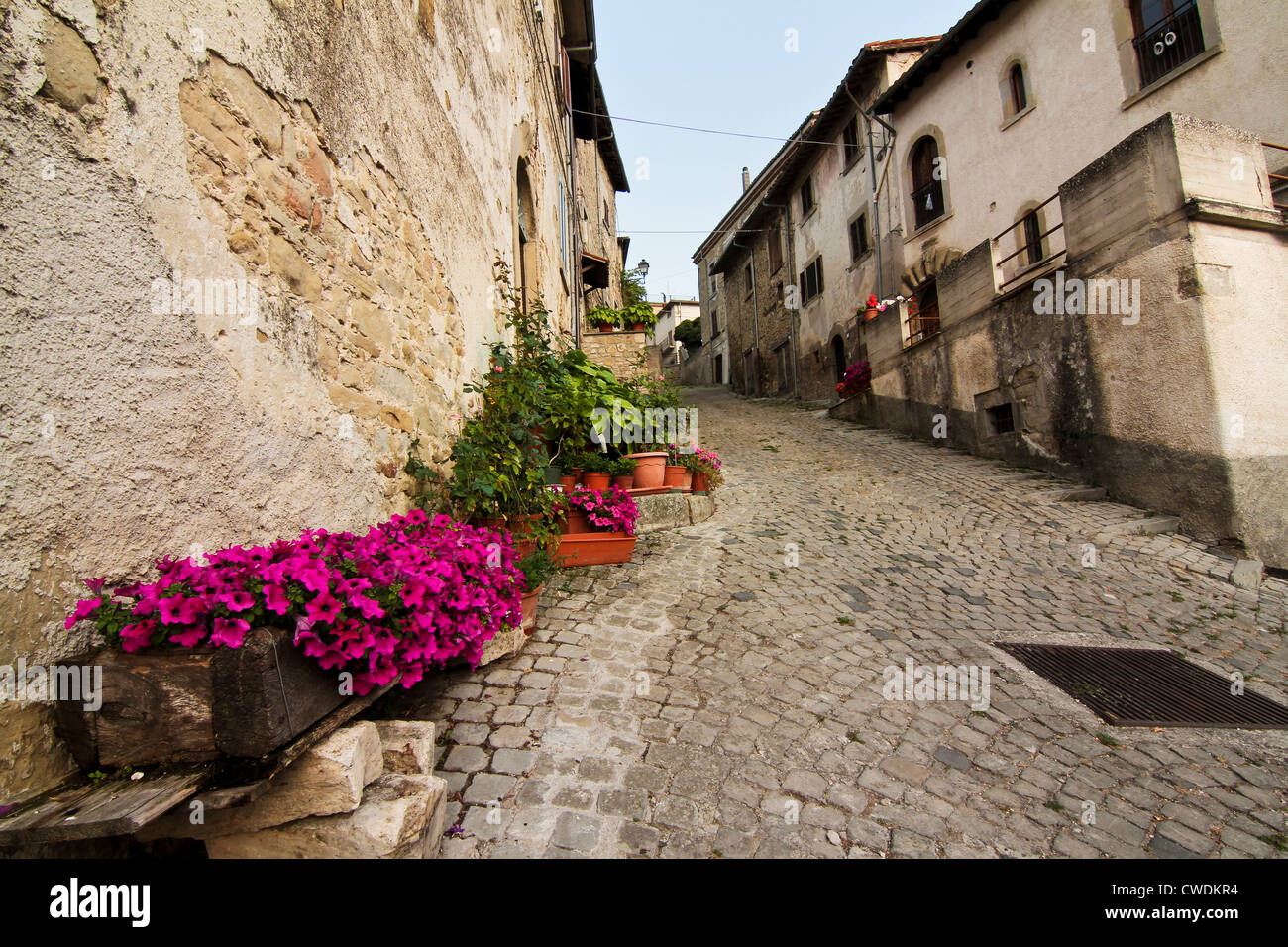 back street in the 12th century mountain village of Accumoli in Italy ...
