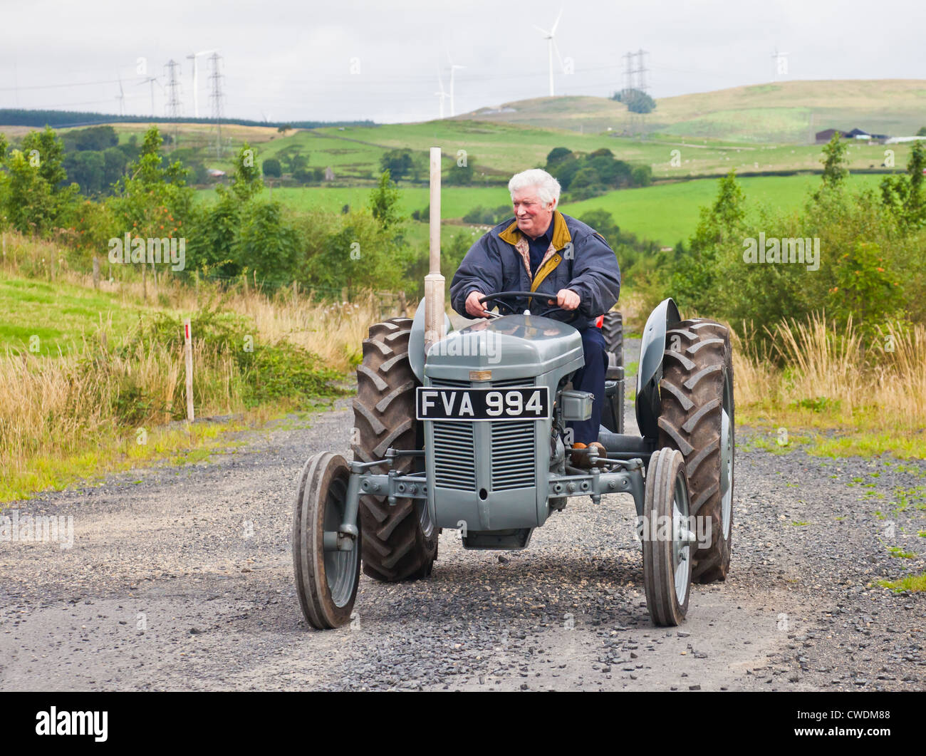 Enthusiast driving a grey vintage Ferguson TE20 tractor during an ...