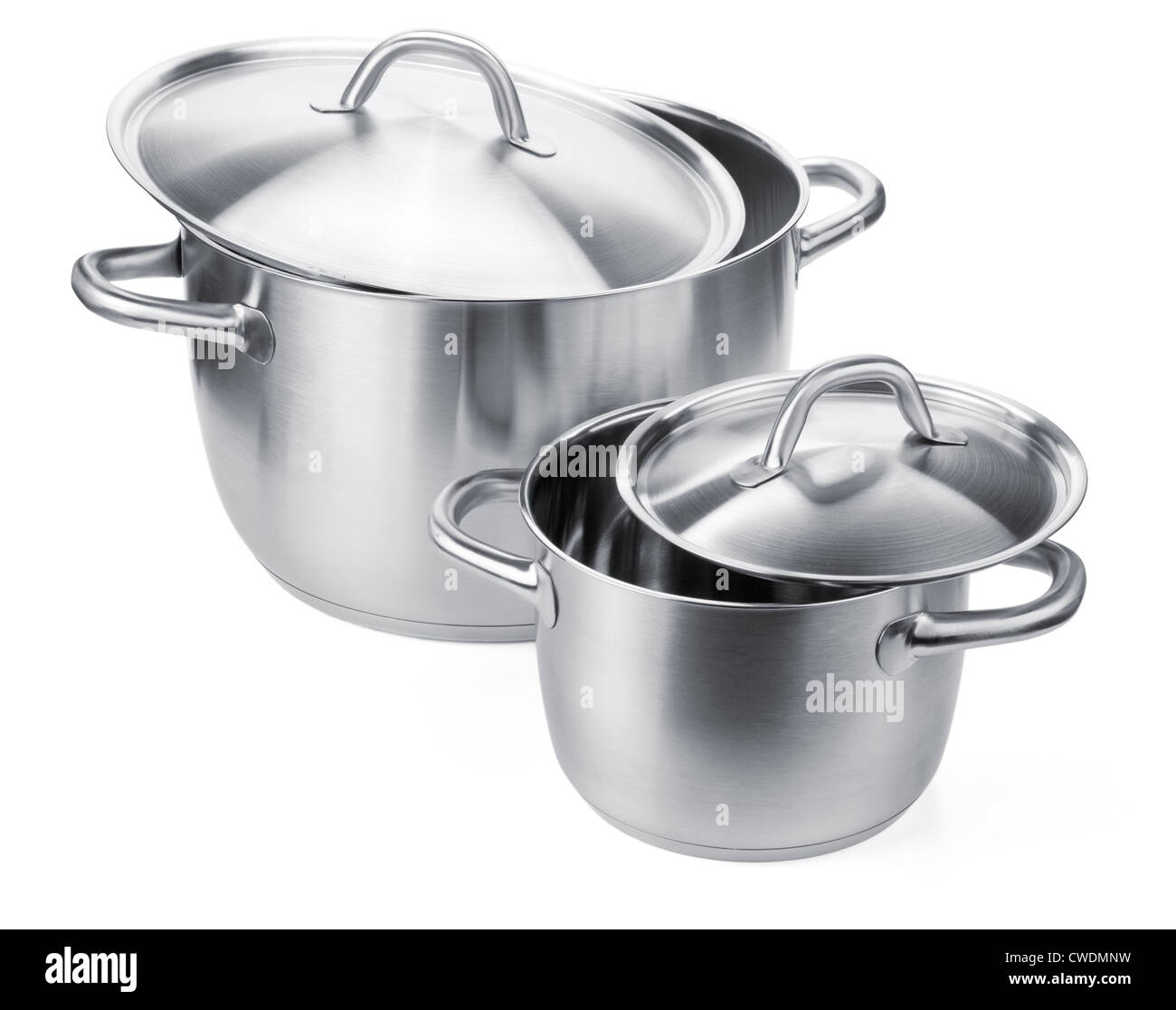 Two stainless steel pots. Isolated on white background Stock Photo - Alamy